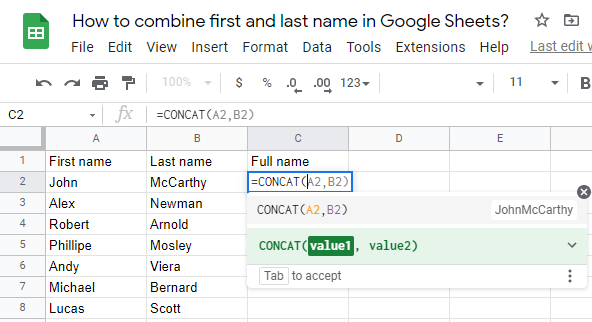 How To Combine First And Last Name In Google Sheets 2022 
